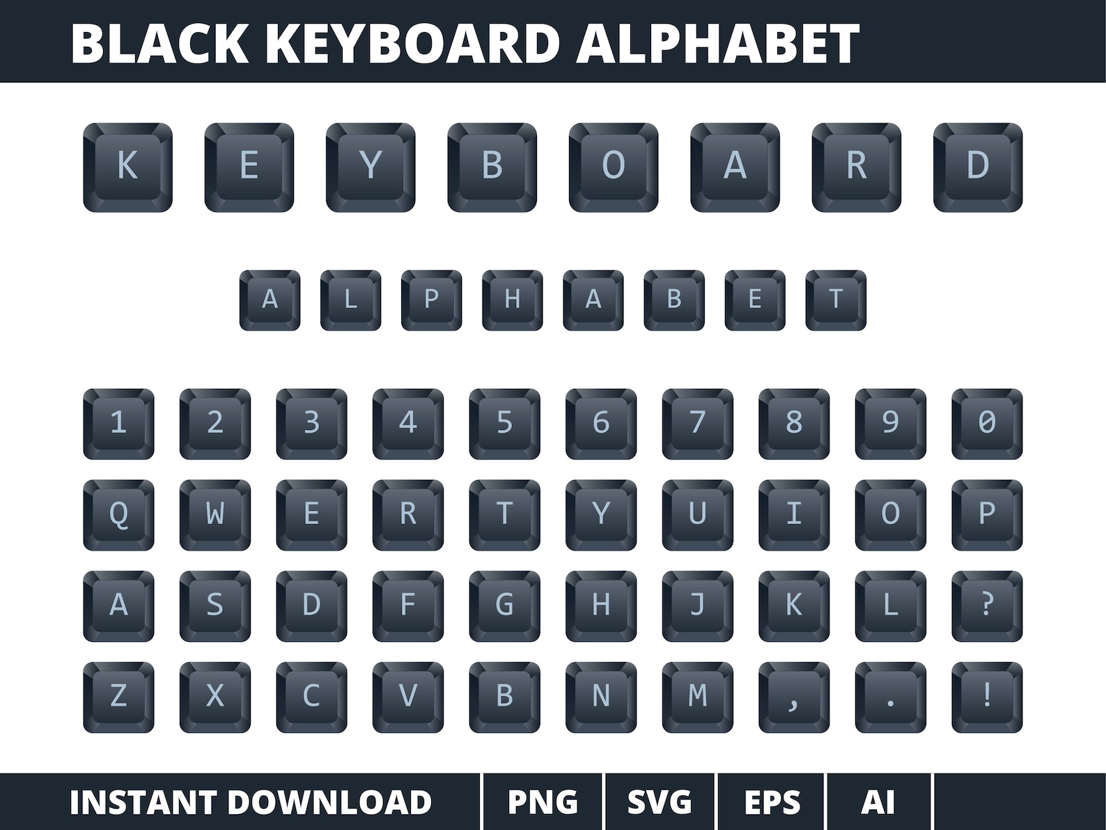 Black Keyboard Alphabet, Keycaps Alphabet Vector Png Svg Eps Ai, Key ...