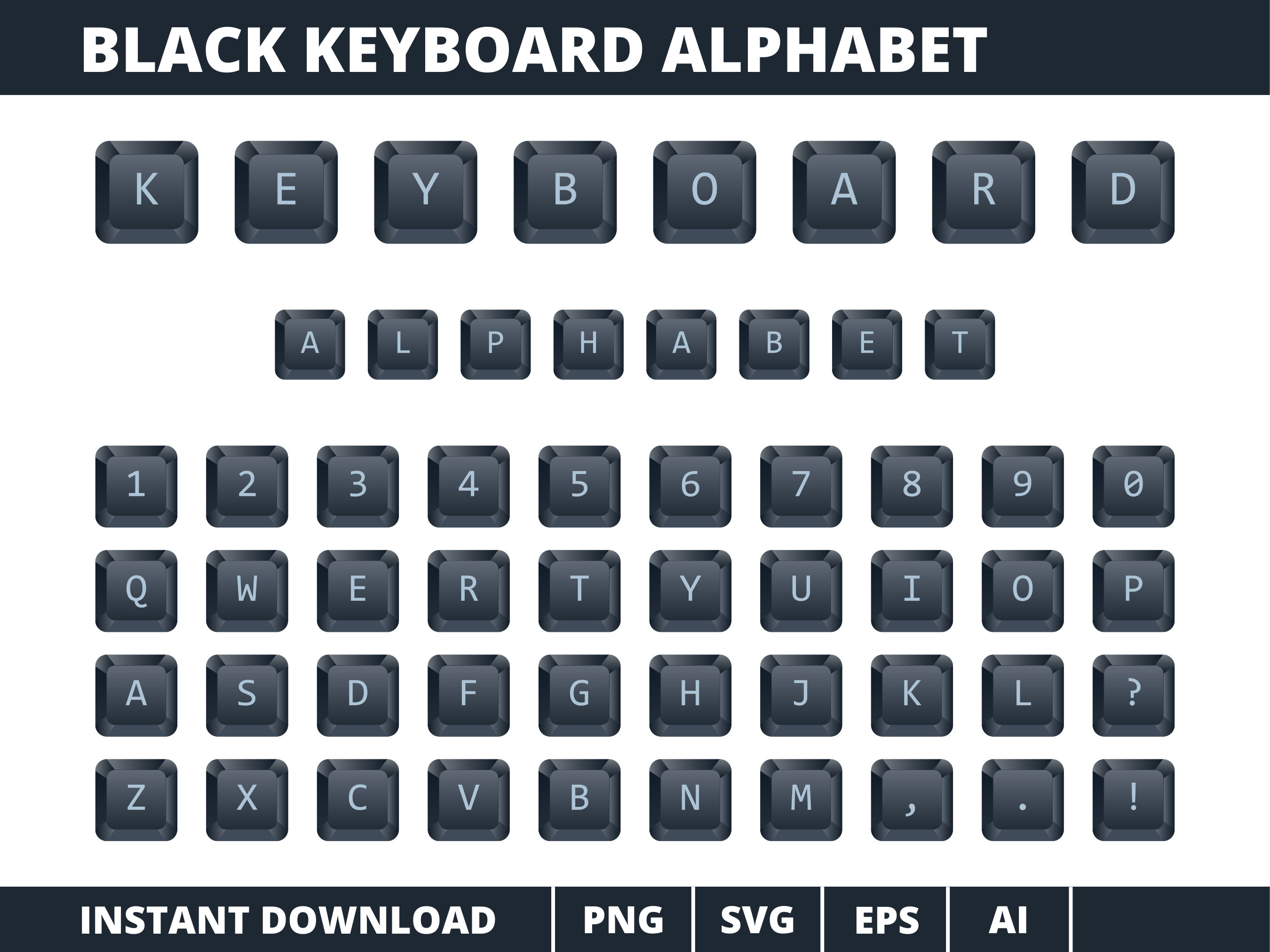 Black Keyboard Alphabet, Keycaps Alphabet Vector Png Svg Eps Ai, Key ...