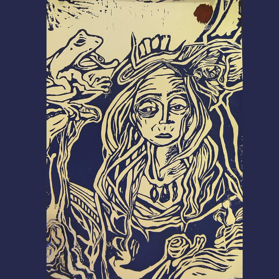 The Old Witch in the Wood Handmade Linocut Print blue/red in the Format ...