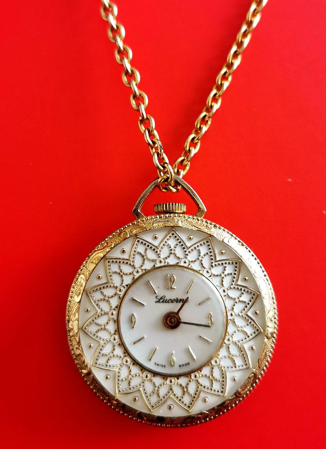 Vintage Necklace With Pendant Watch Lucerne Mechanical 1 Jewel Gold ...
