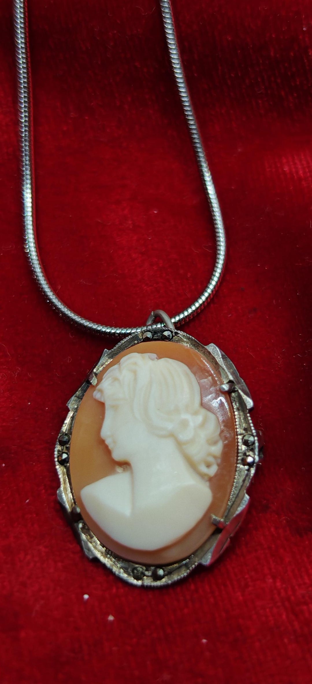 Vintage 800 Silver Marcasite Shell Cameo Brooch Pendant Necklace ...