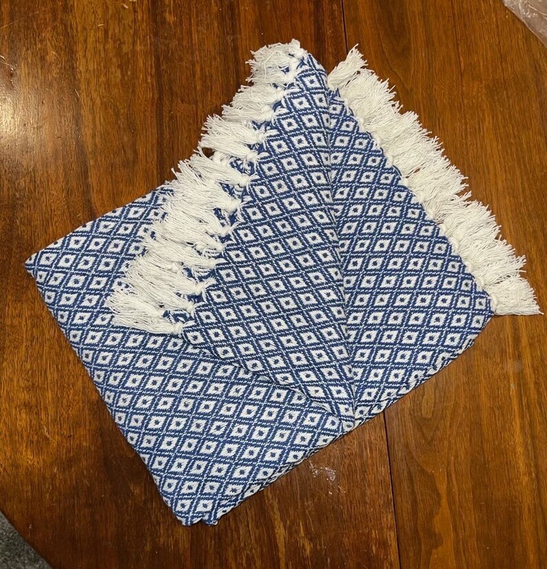 Blue and White |throw Blanket for Couch 50"x60"|100% Cotton With Fringe ...