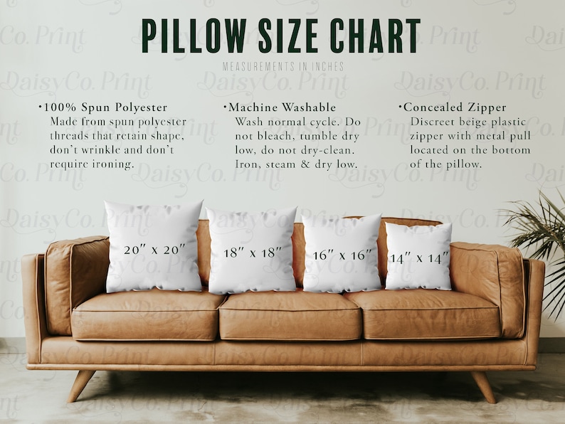 Pillow Mockup Size Chart, Spun Polyester Square Pillow Mockup, Generic ...
