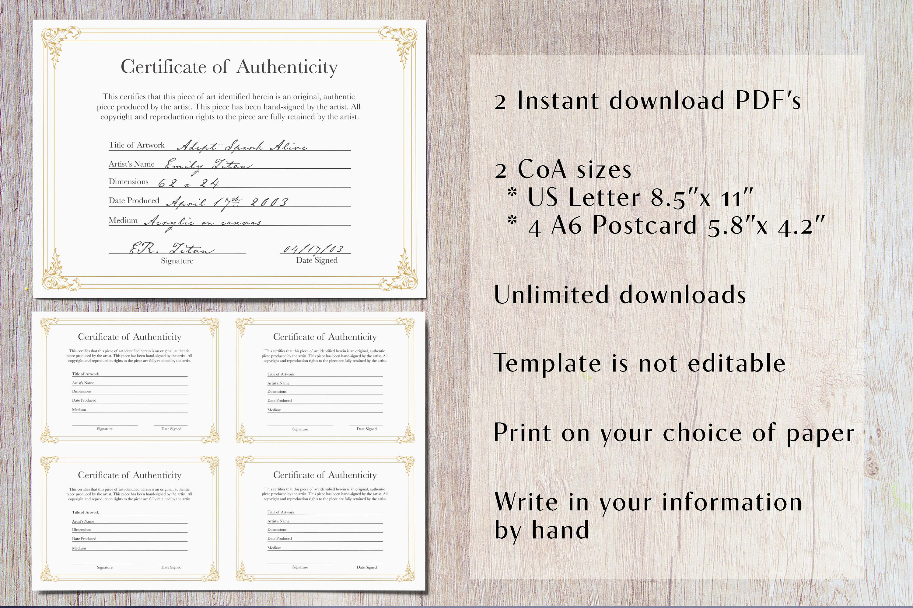 Certificate of Authenticity Cards Printable Original Artwork Coa Artist ...