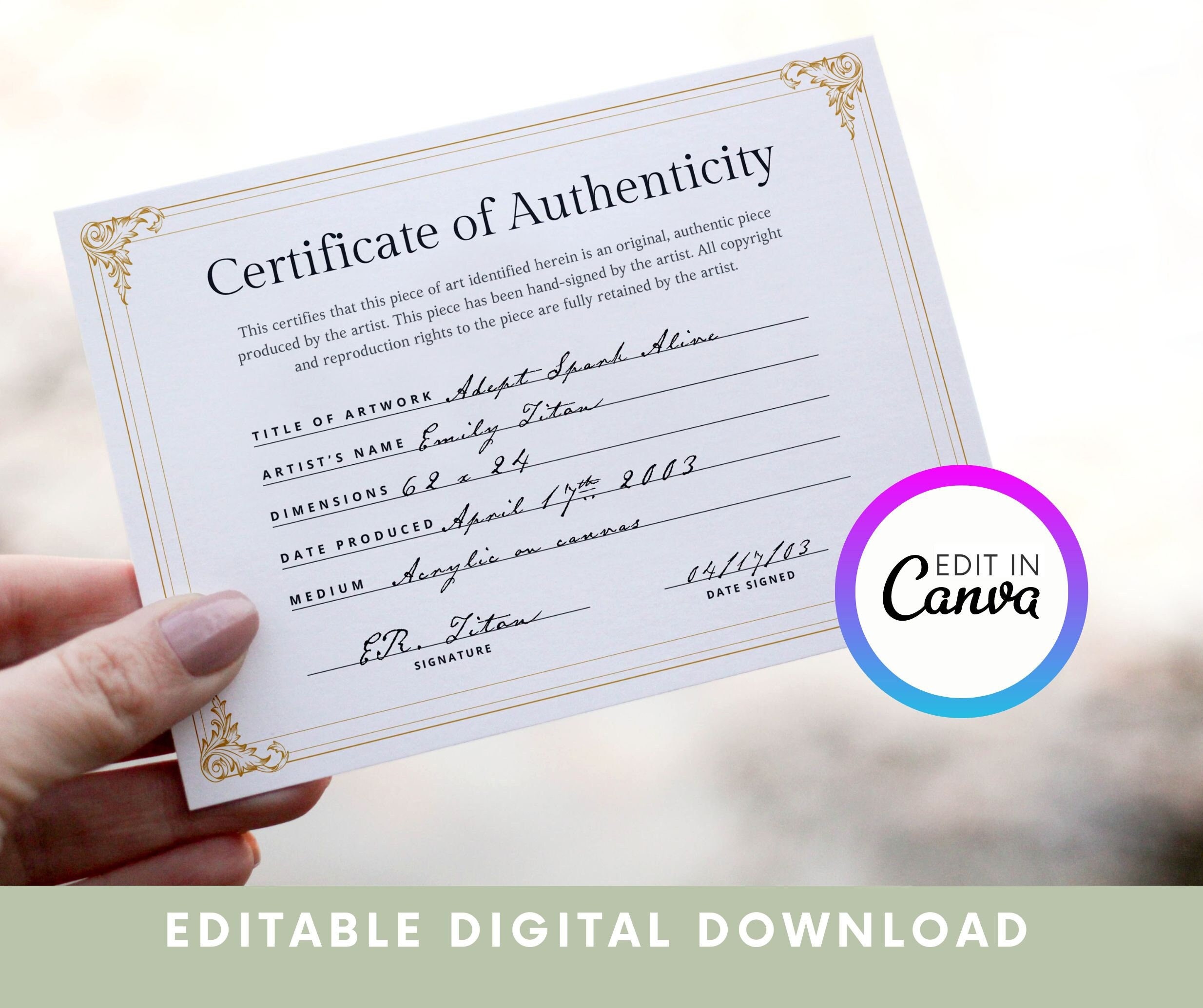 Certificate of Authenticity Template Canva Original Art Certificate ...