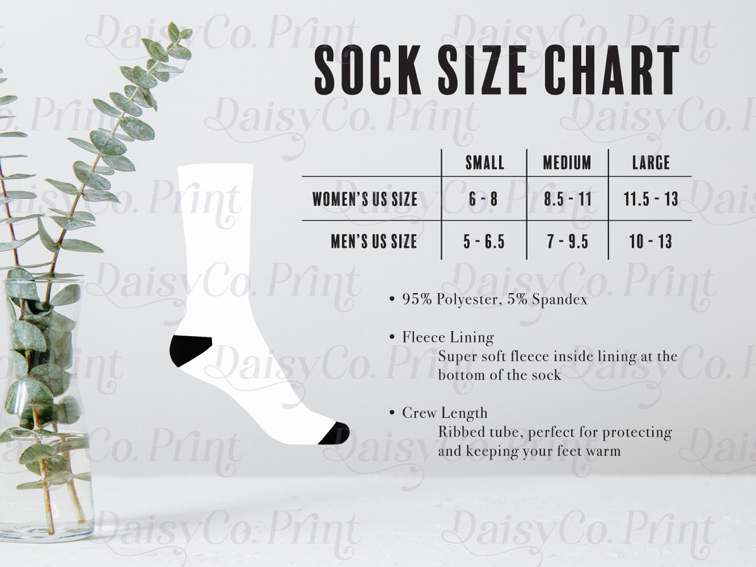 Sublimation Sock Mockup Size Chart Generic Brand Sock Size Chart Mockup