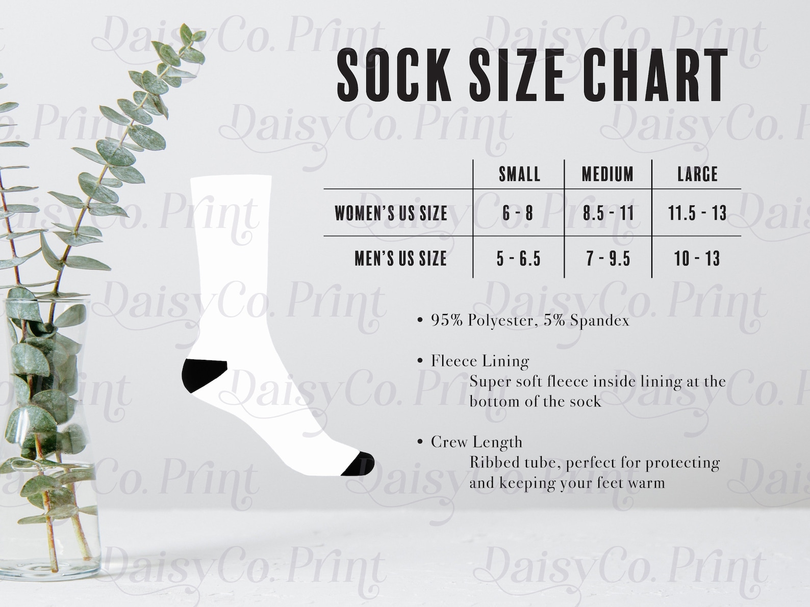 Sublimation Sock Mockup Size Chart Generic Brand Sock Size Chart Mockup ...