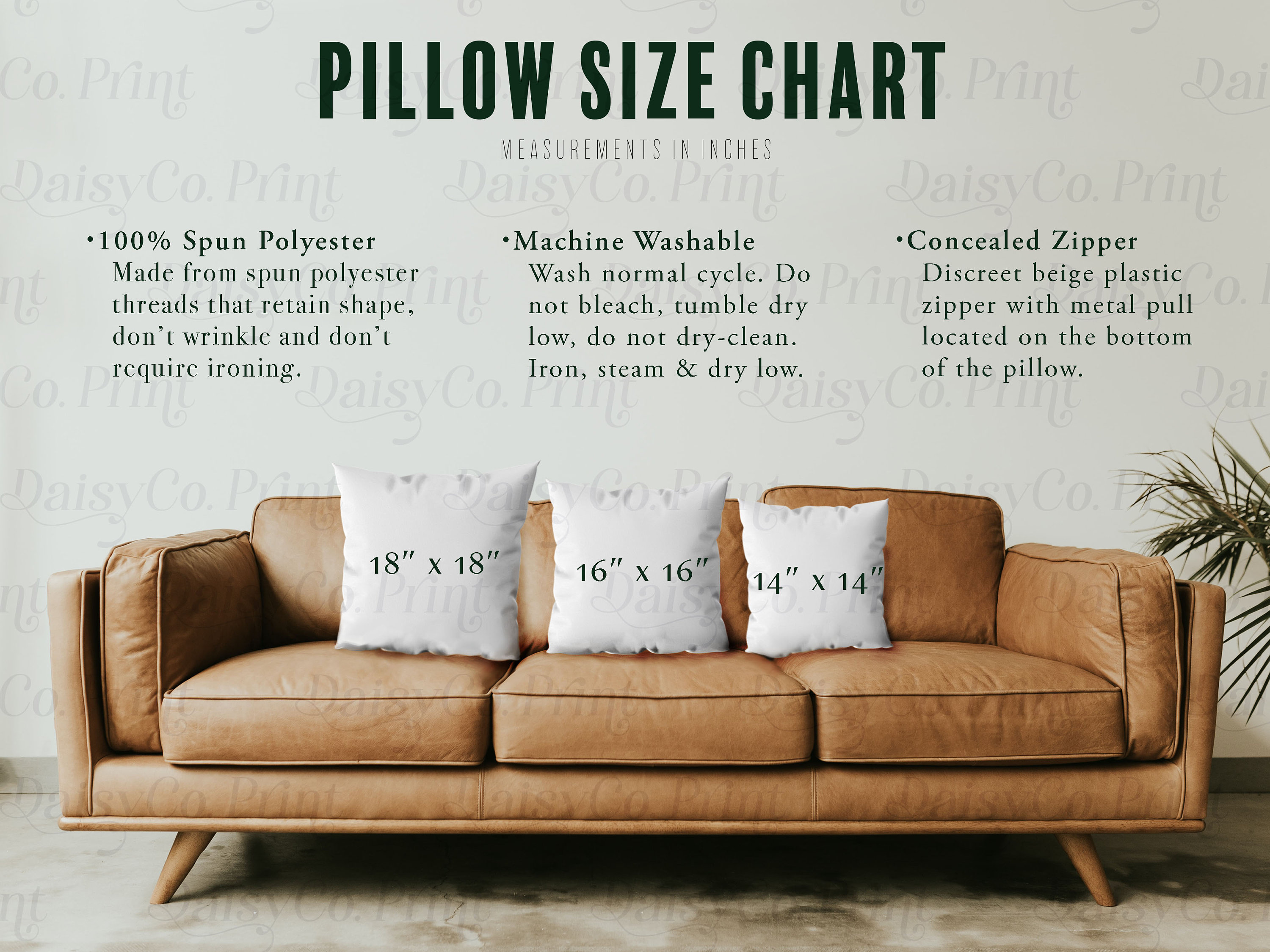 Pillow Mockup Size Chart, Spun Polyester Square Pillow Mockup, Generic ...