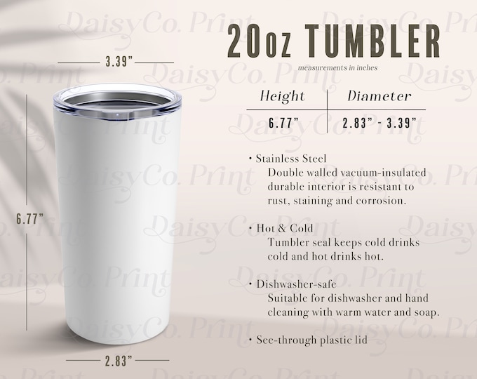 20oz Skinny Tumbler Mockup, Tumbler Size Chart, Generic Brand Tumbler ...