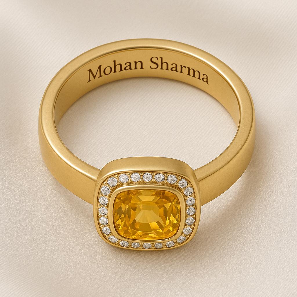 Panchdhatu Yellow Sapphire Ring: Matte Gold Finish, CZ Diamond Halo - Etsy