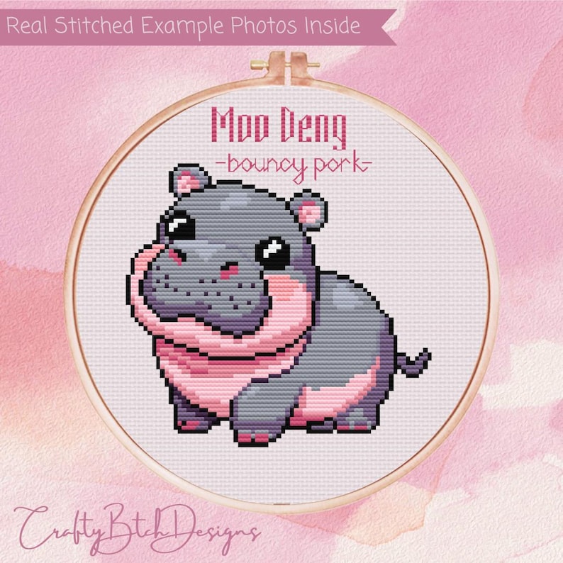 Moo Deng Cross Stitch Pattern - Animal Cross Stitch Pattern - Baby Hippo Cross Stitch Pattern ...