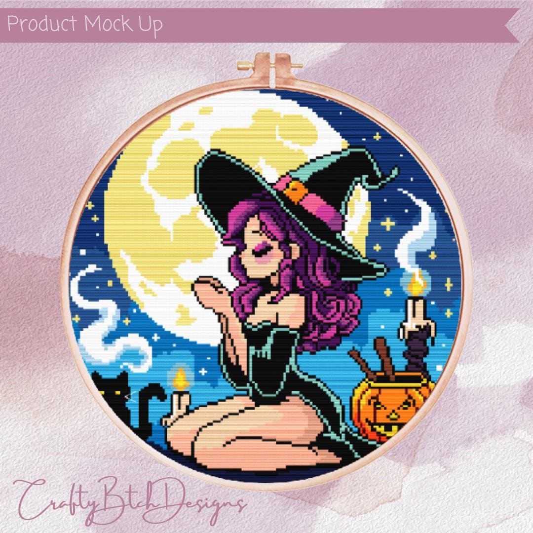 Purple Haired Witch Cross Stitch Pattern - Moon Witch - Halloween Cross ...