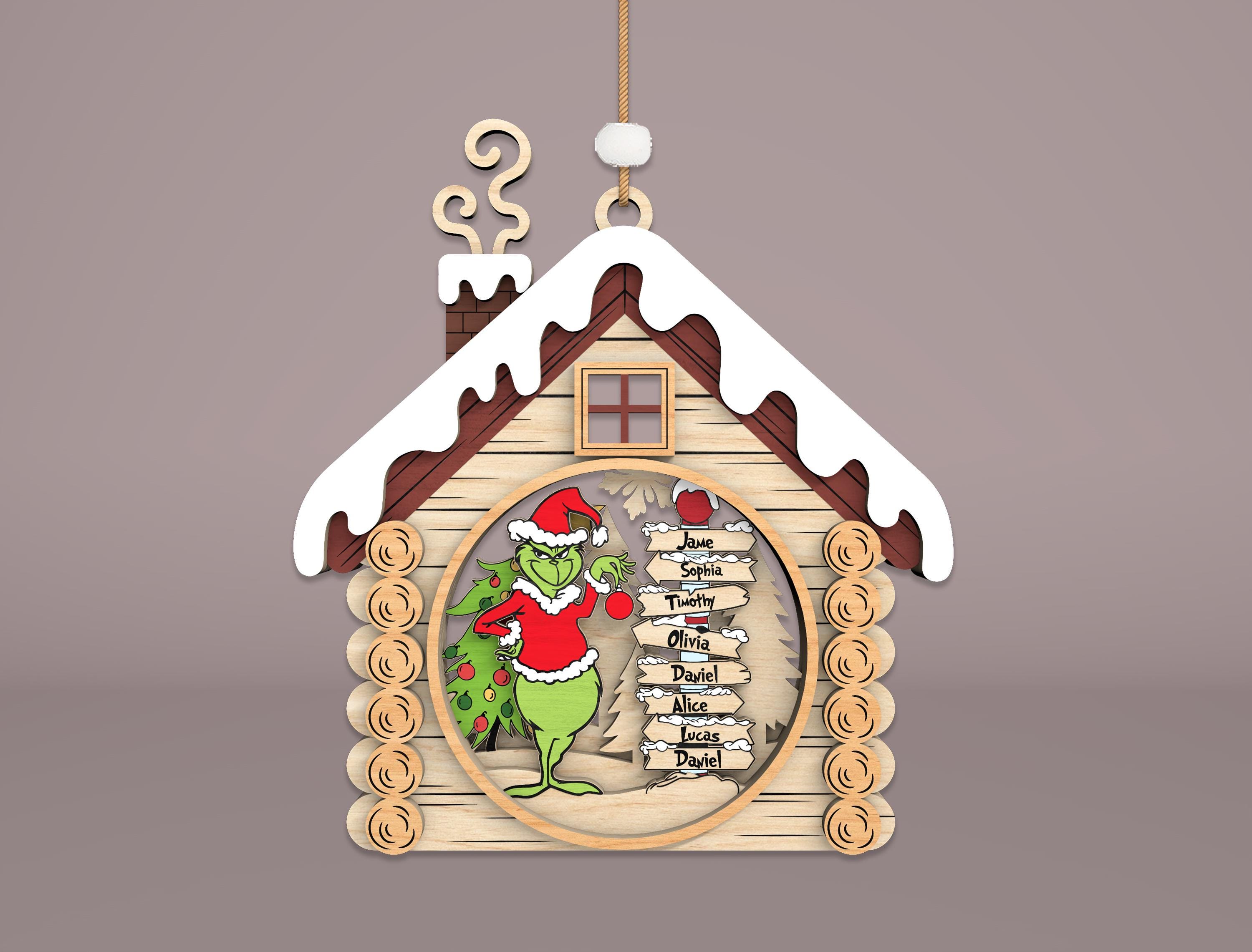 3D Layered Wooden House Grinch Family Christmas Ornament , Cozy Winter ...