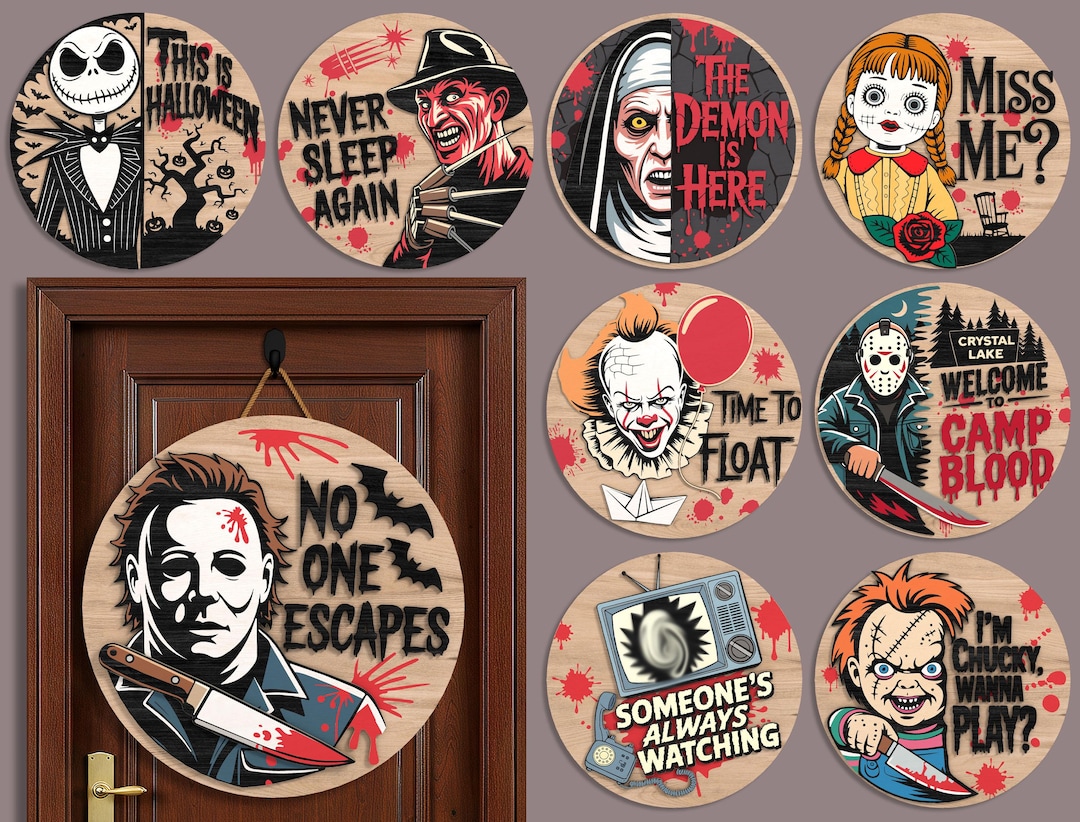 Horror Door Sign SVG Bundle, Halloween Round Wood Sign Files for Laser ...