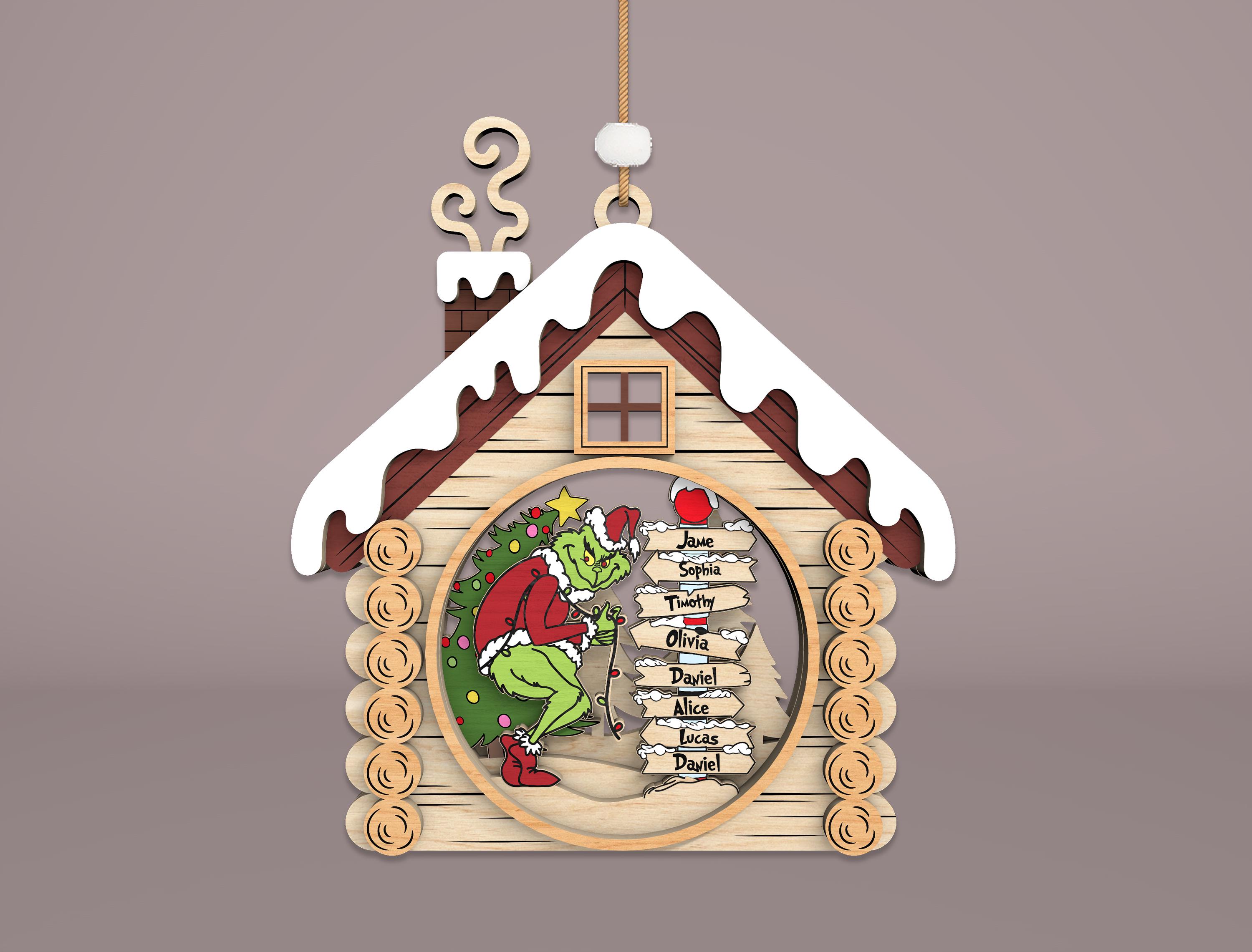3D Layered Wooden House Grinch Family Christmas Ornament , Cozy Winter ...