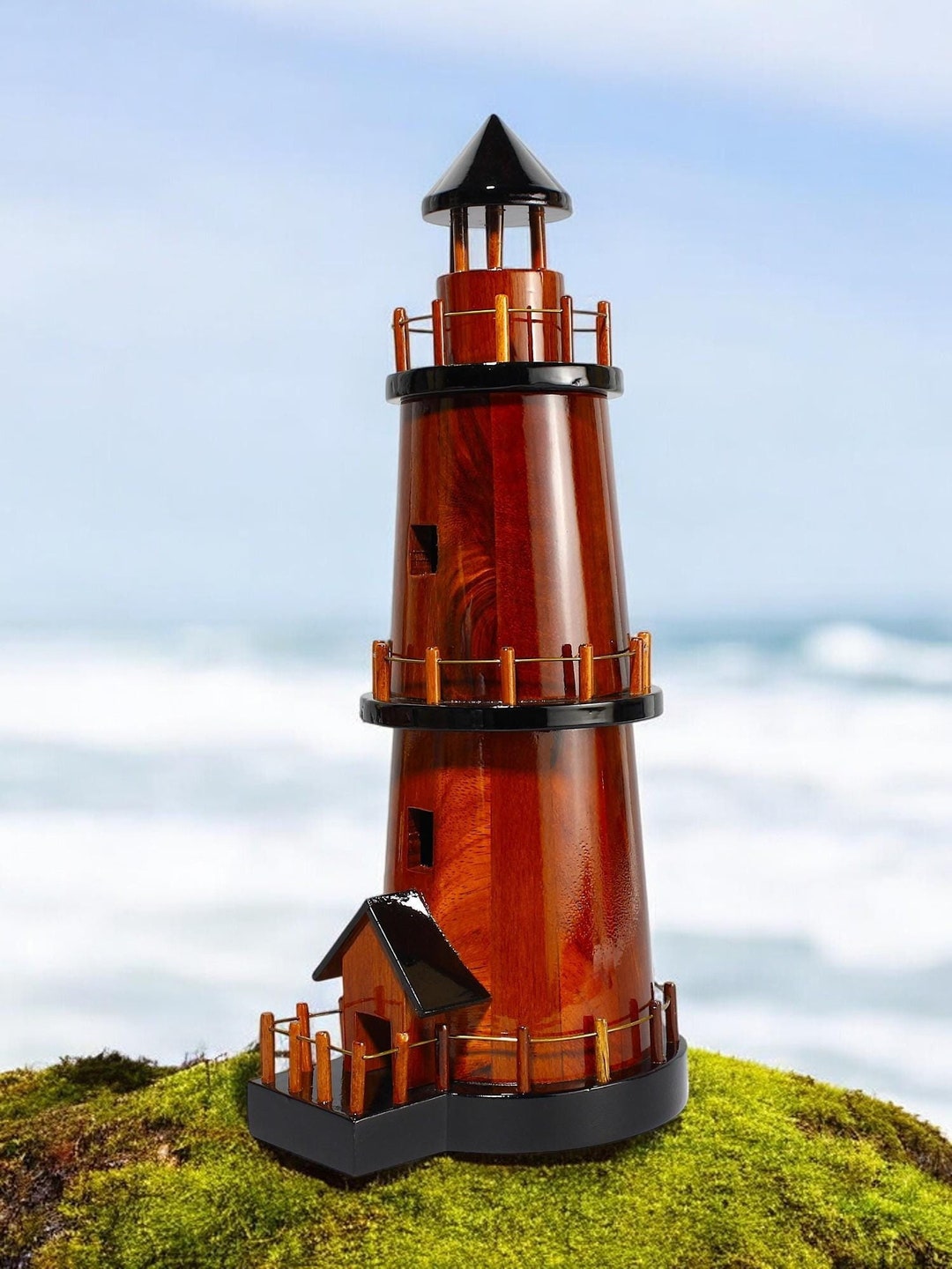 Handcrafted Wooden Lighthouse Model - Mahogany Nautical Decor for ...
