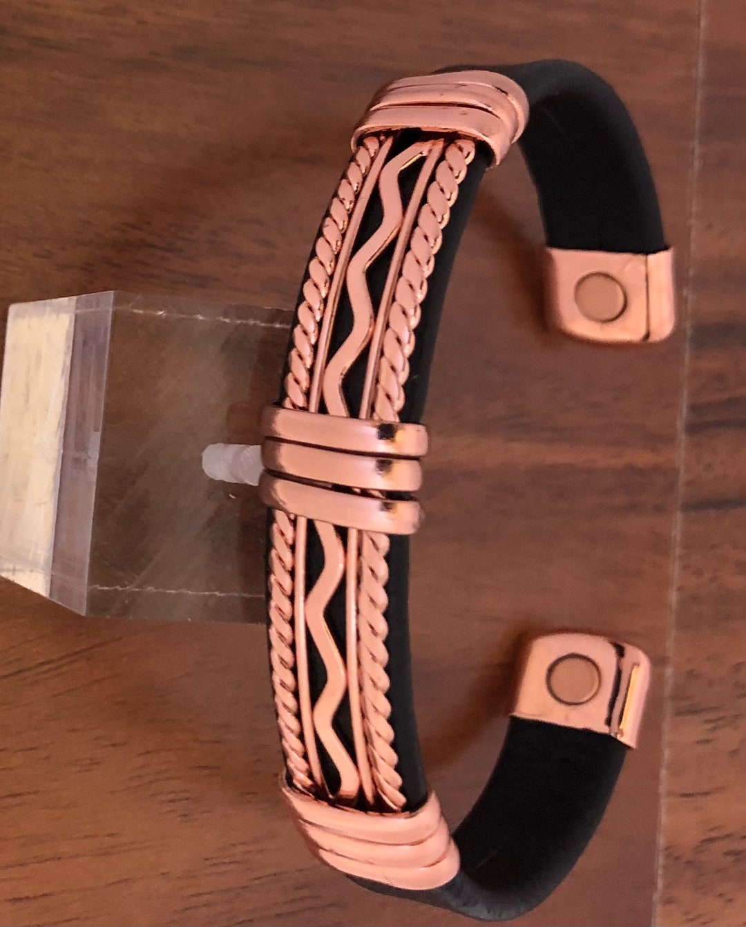 Solid Copper Leather Wrapped Magnetic Bracelet Energy Men Women Cuff ...