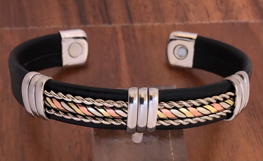 Solid Copper Leather Wrapped Magnetic Bracelet Energy Men Women Cuff ...