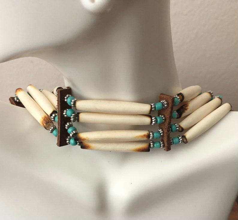 Buffalo Bone Bead Choker Tribal Necklace Turquoise Native American ...