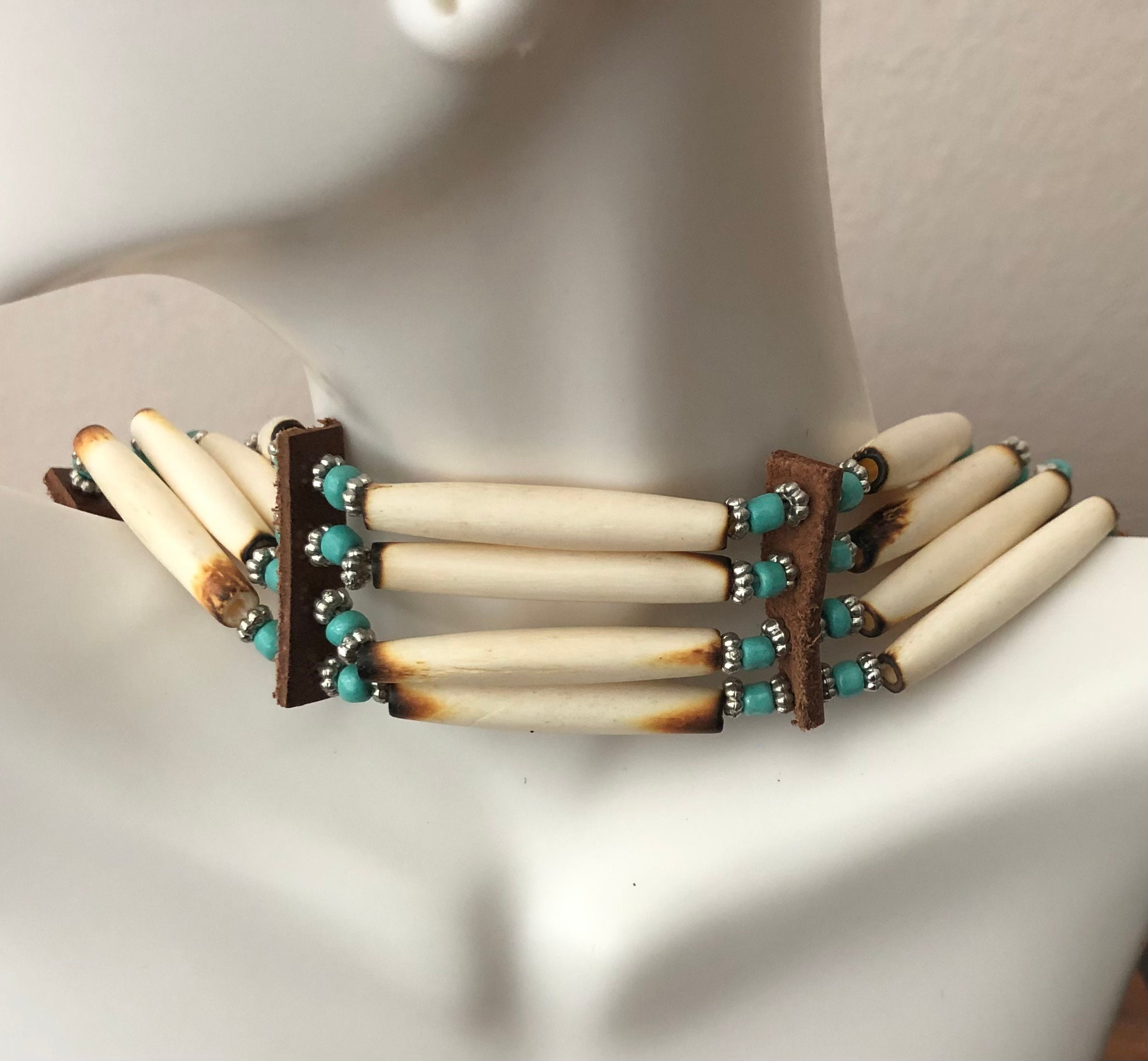 Buffalo Bone Bead Choker Tribal Necklace Turquoise Native American Indian Style 4 Strand - Etsy