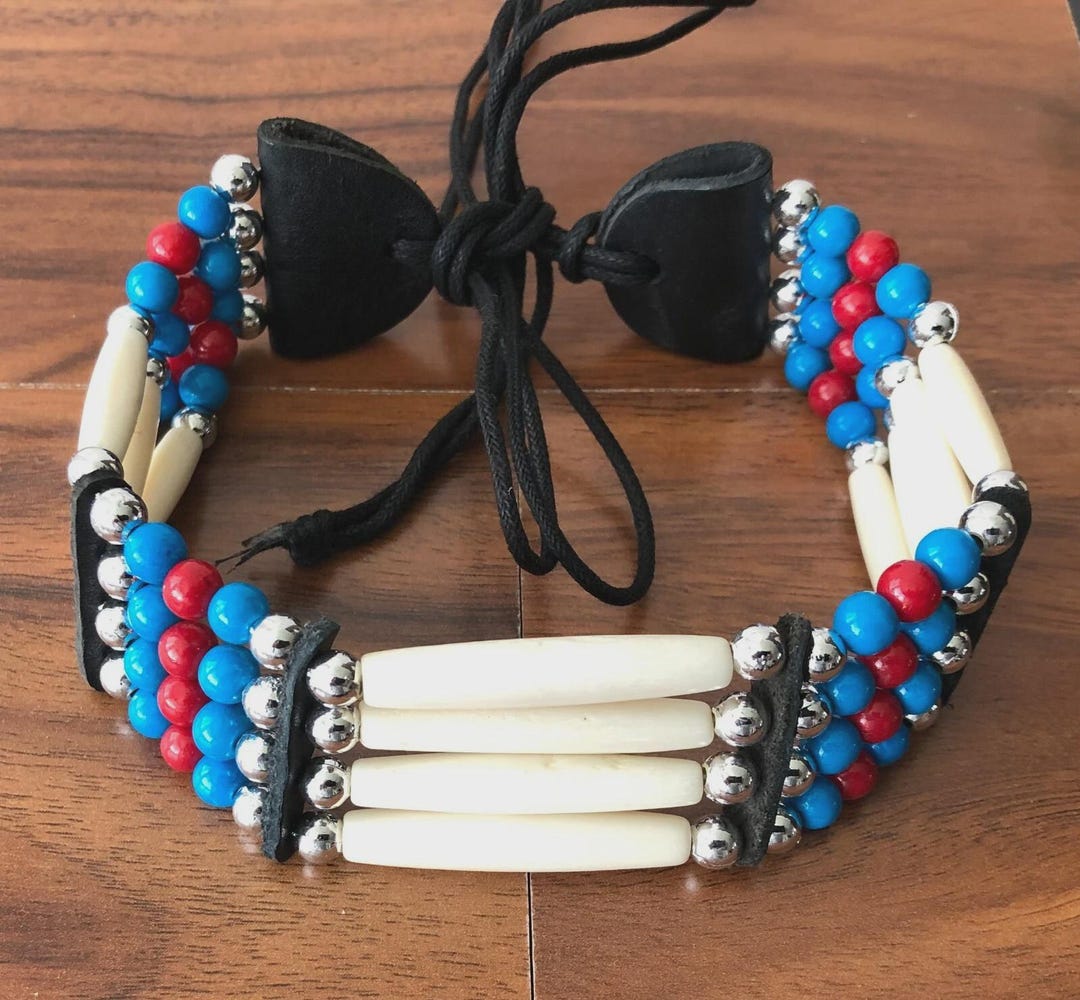 Red Blue Native American Indian Style Buffalo Bone Bead Choker Tribal ...