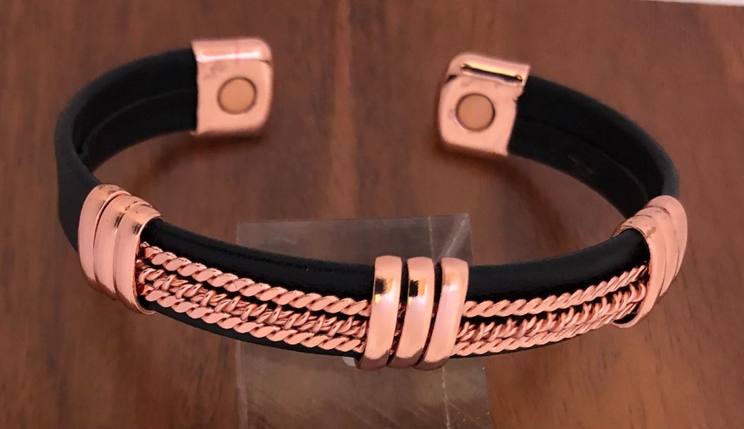 Solid Copper Leather Wrapped Magnetic Bracelet Energy Men Women Cuff ...