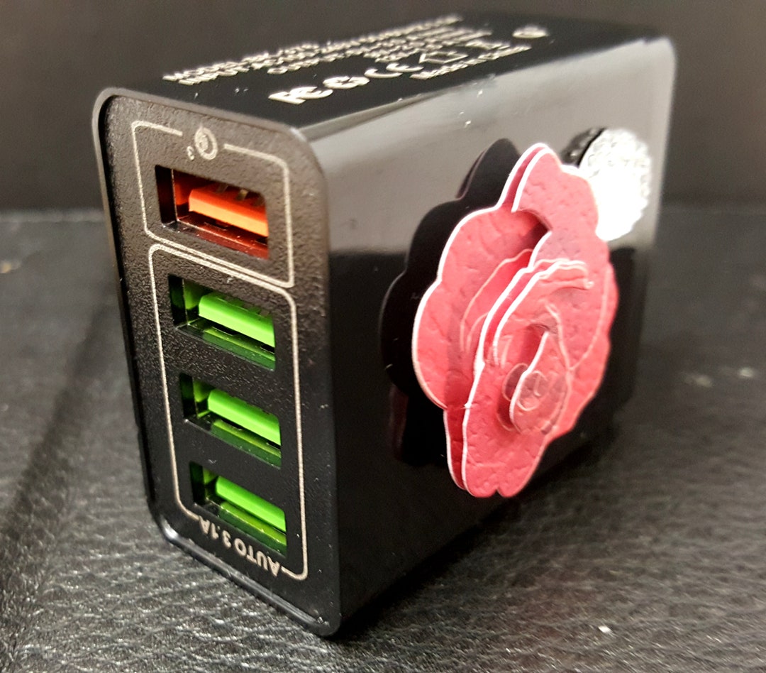Rose Flower Design Black Cell Phone Wall Charger Adapter 4 USB Fast QC ...