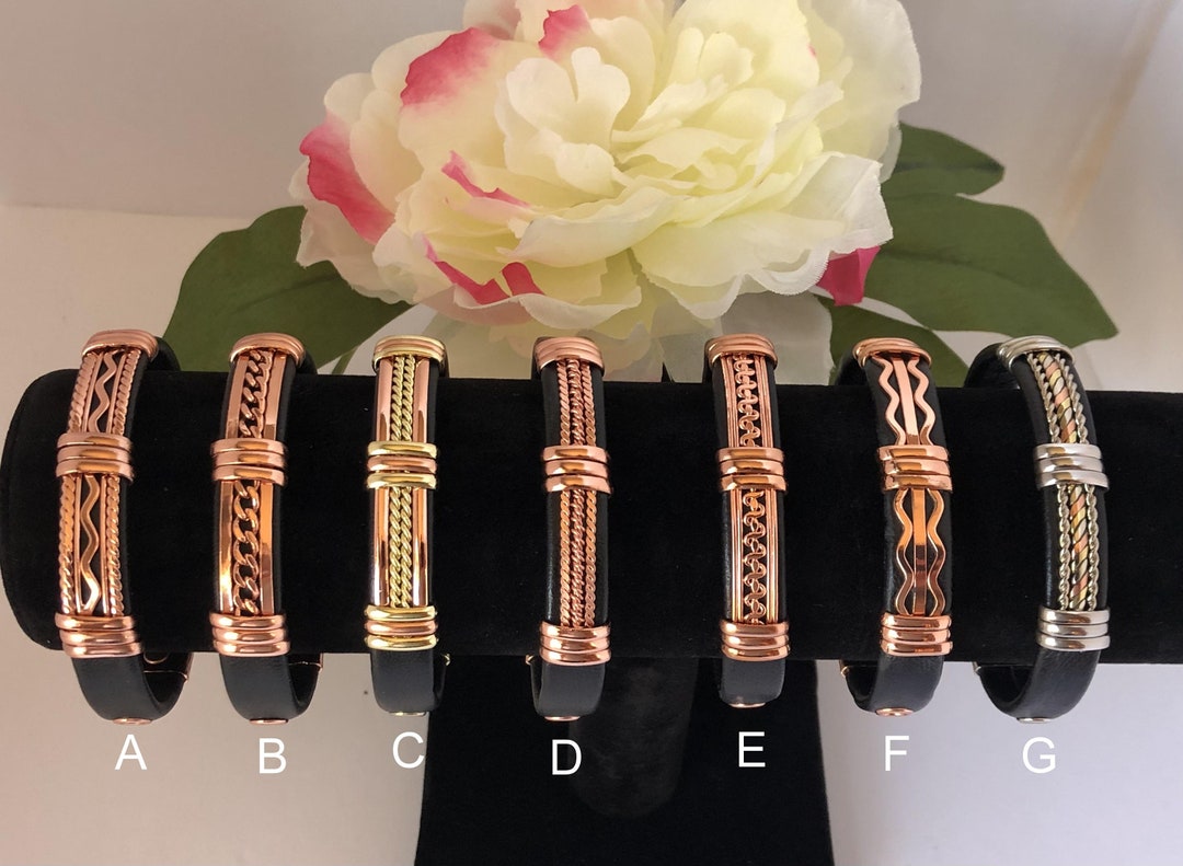 Solid Copper Leather Wrapped Magnetic Bracelet Men Women Energy Jewelry ...