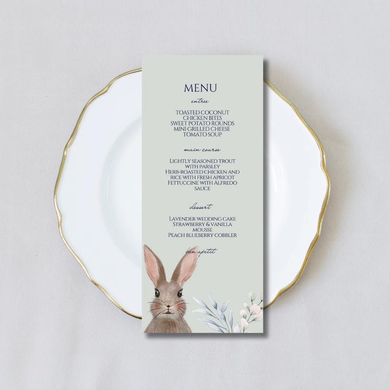 Bunny Easter Menu Template: Watercolor Rabbit, Editable Printable ...