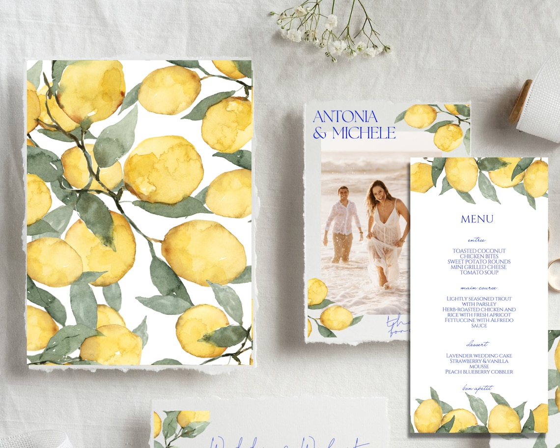 Lemon Menu Card Template, Summer Wedding Menu Card, Italian Wedding ...