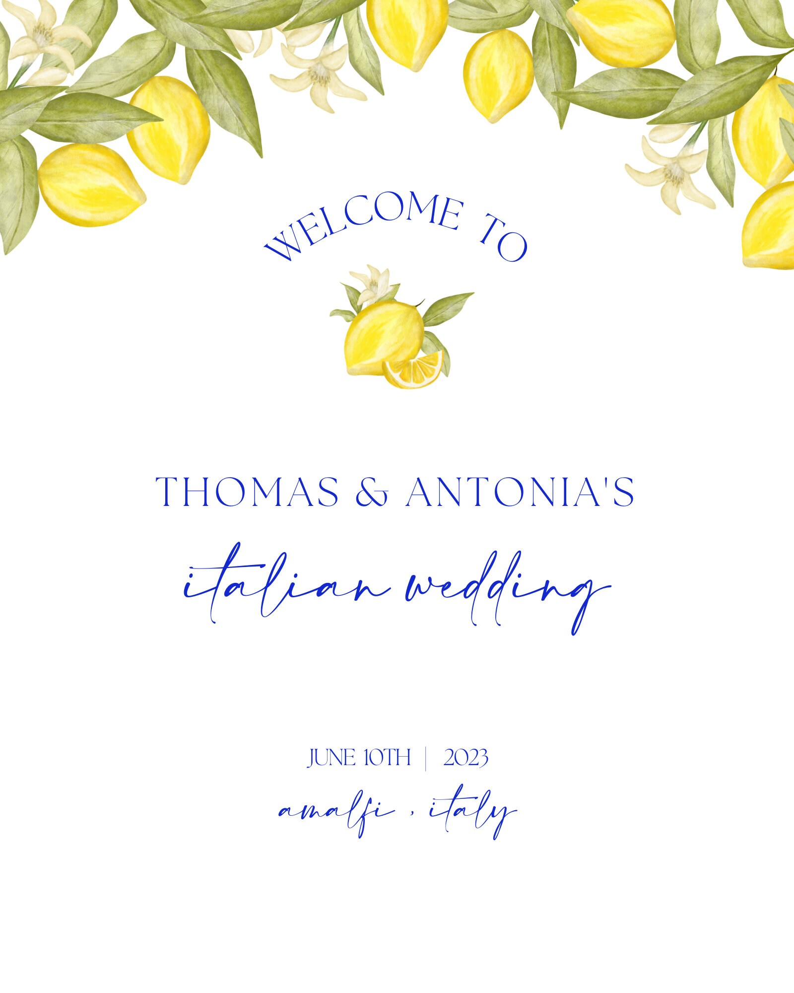 Blue Tile Lemon Wedding Welcome Sign: Amalfi Bridal Shower (printable ...