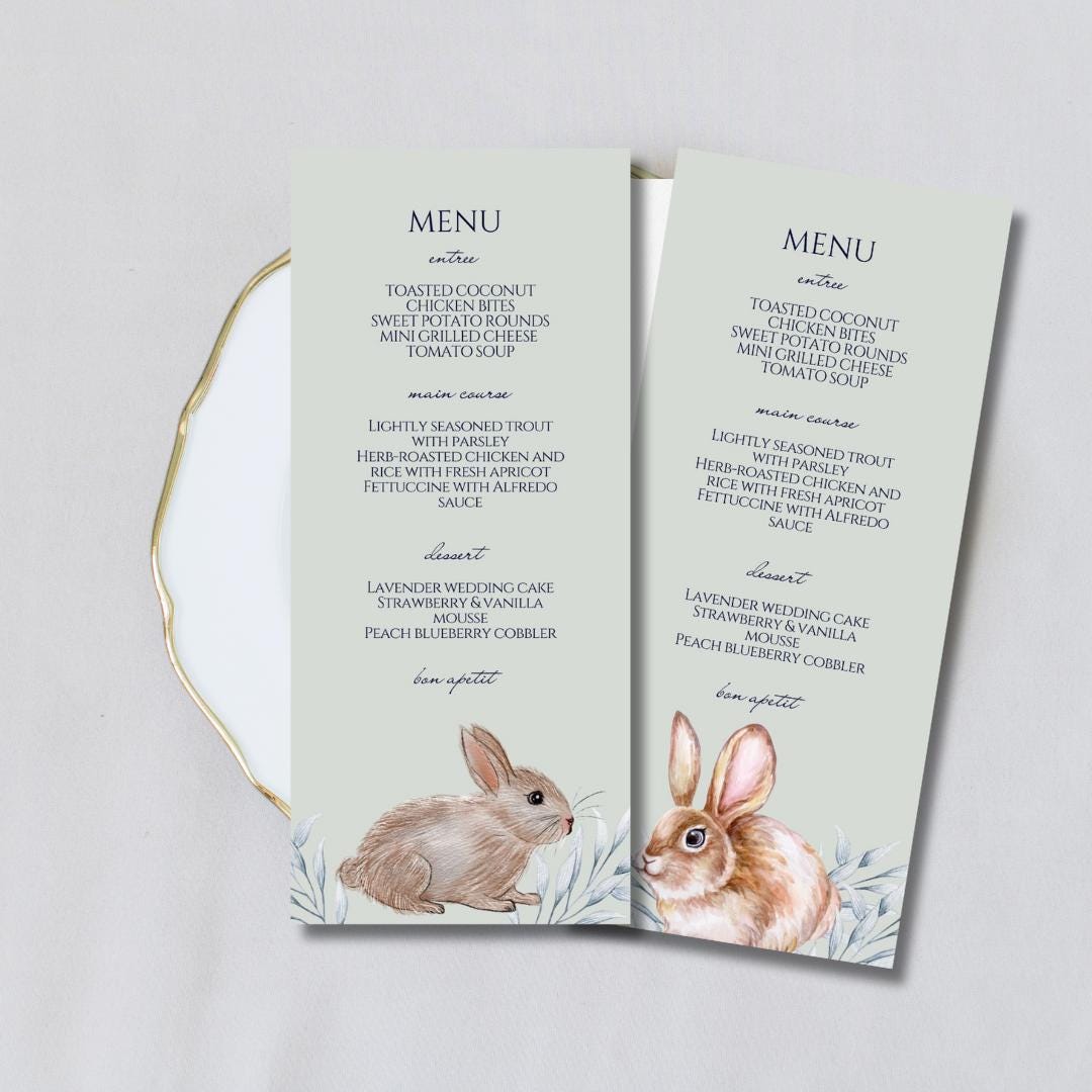 Bunny Easter Menu Template: Watercolor Rabbit, Editable Printable ...