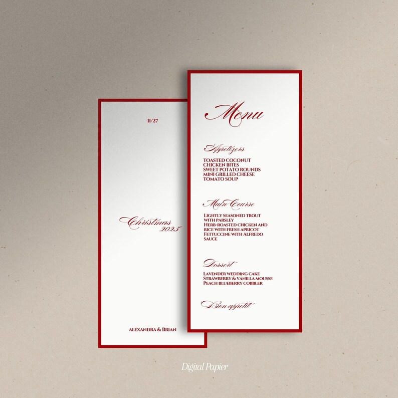 Burgundy Christmas Dinner Menu Template: Elegant Holiday Place Cards ...