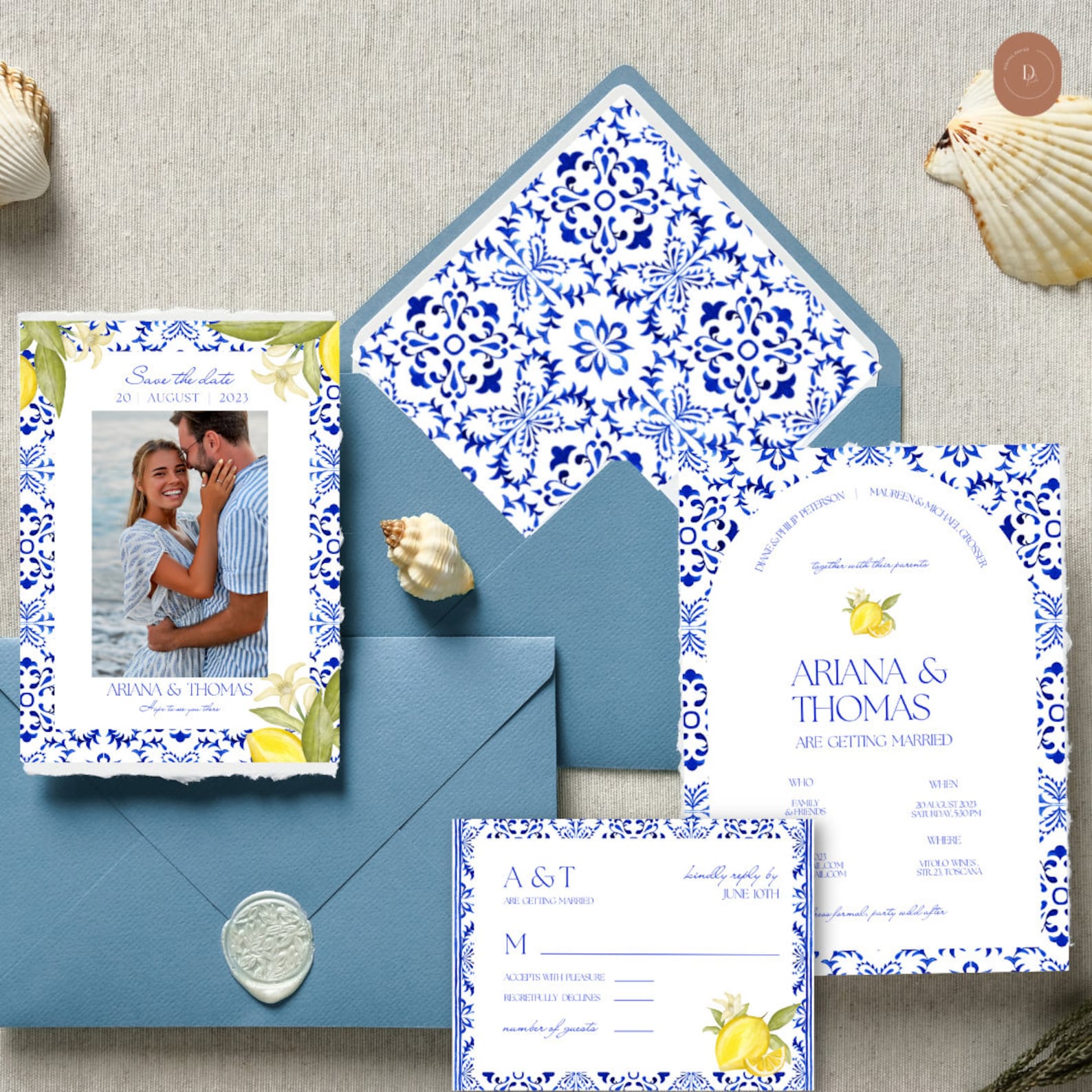 Italian Wedding Stationery Blue Tiles Invitation Set Amalfi Lemon ...