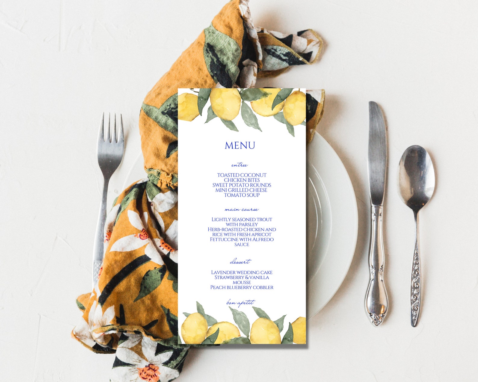 Lemon Menu Card Template, Summer Wedding Menu Card, Italian Wedding ...