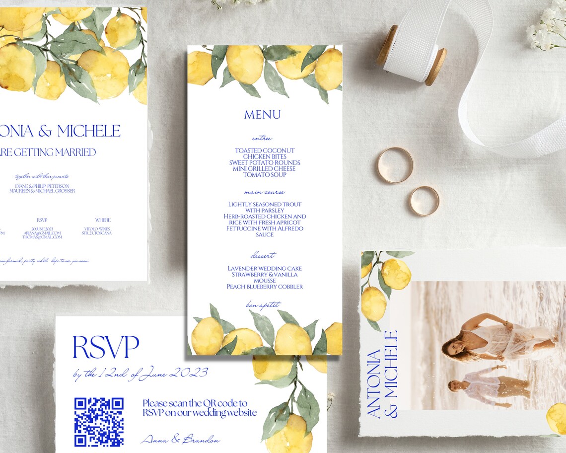 Lemon Menu Card Template, Summer Wedding Menu Card, Italian Wedding ...