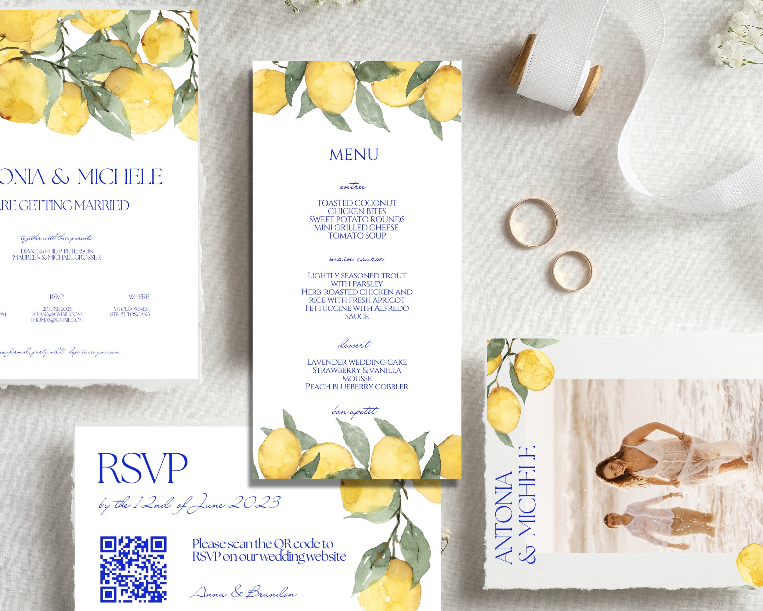 Lemon Menu Card Template, Summer Wedding Menu Card, Italian Wedding ...