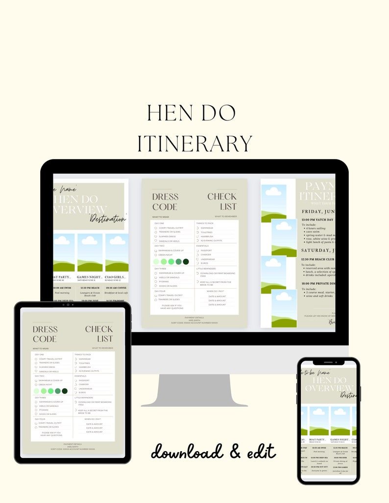 Hen Do Itinerary Payment Itinerary Editable Canva Template destination ...