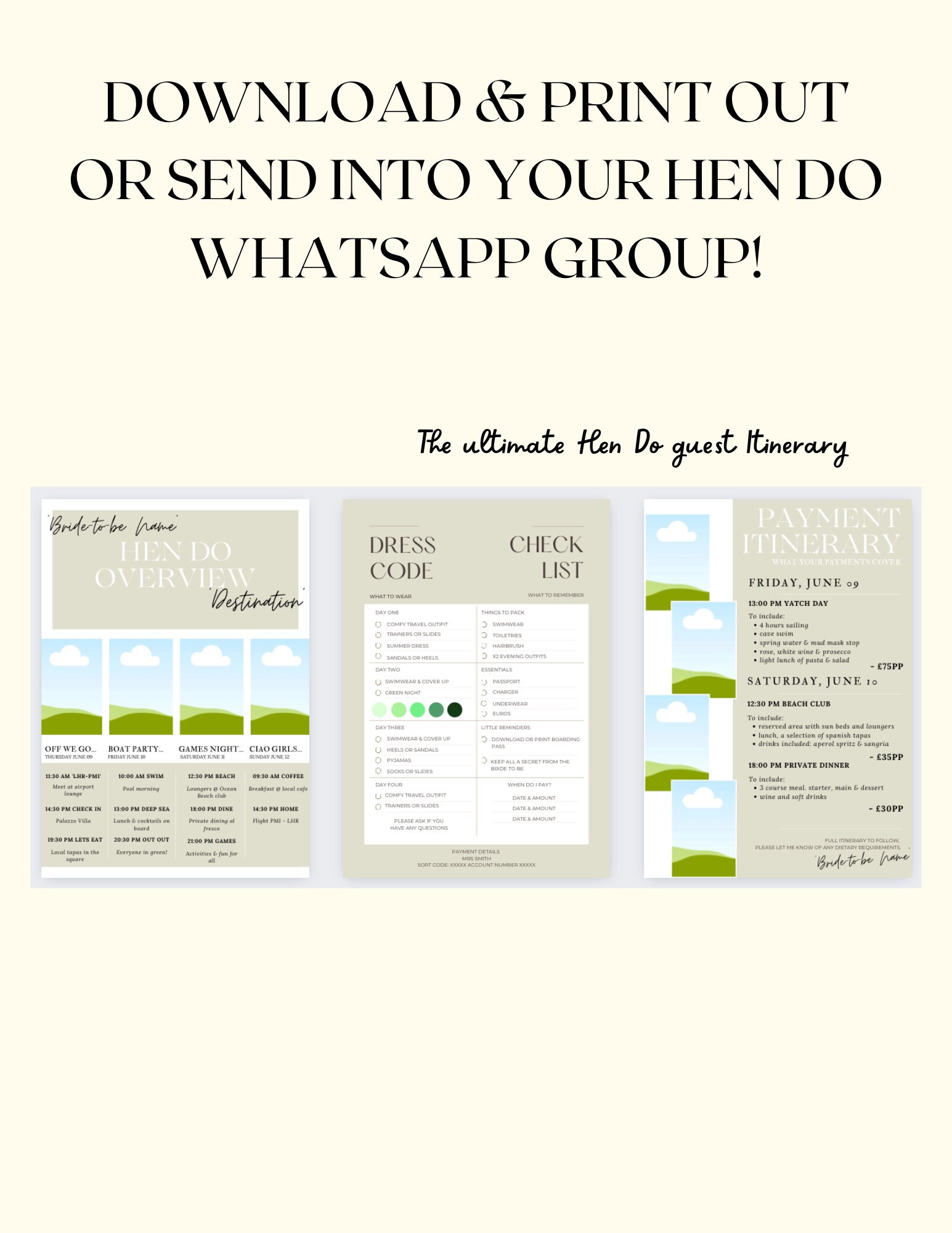 Hen Do Itinerary Payment Itinerary Editable Canva Template destination ...