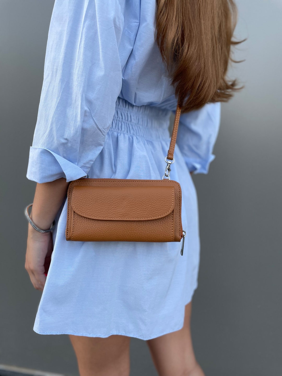 Cognac-colored Leather Handbag for Women, Brown Elegant Leather Wallet ...