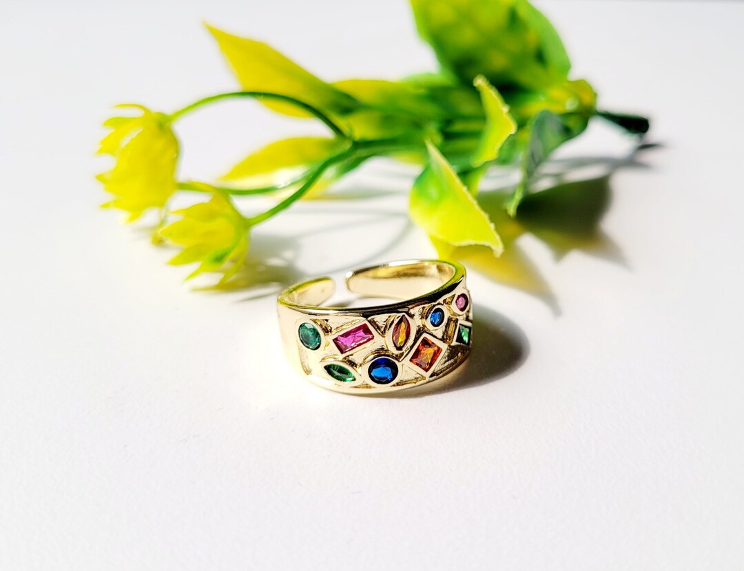 22K Gold Filled Band Ring, Multi Gemstone Band Ring, Statement Ring ...