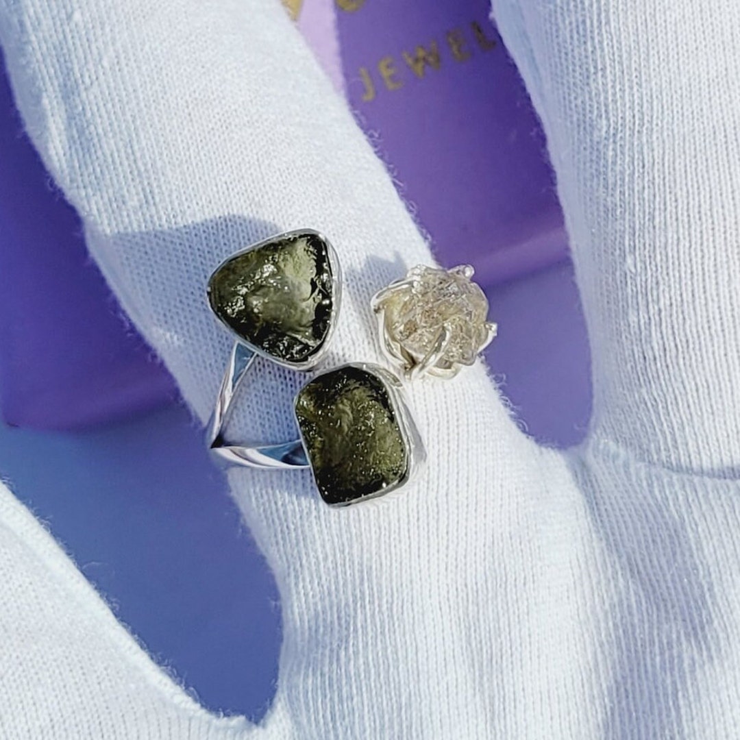 Moldavite With Herkimer Ring, Czech Moldavite Rough Silver Ring ...