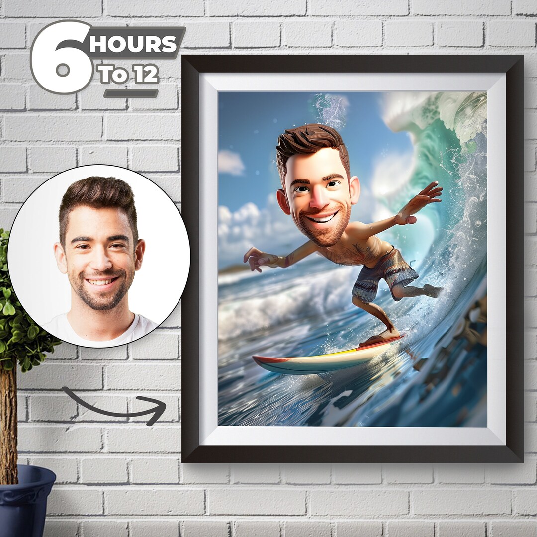 Custom Surfer 3D Caricature Portrait - From Your Photo, 3D Cartoon ...