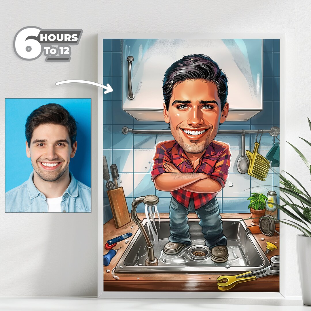 Custom Plumber Caricature Portrait - Personalized Cartoon Style Art ...