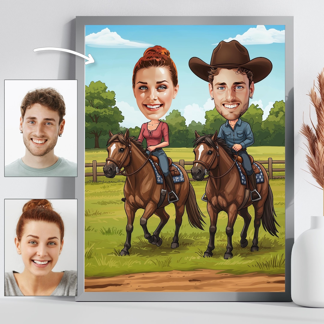 Custom Horseback Riding Caricature - Personalized Couple Cartoon ...