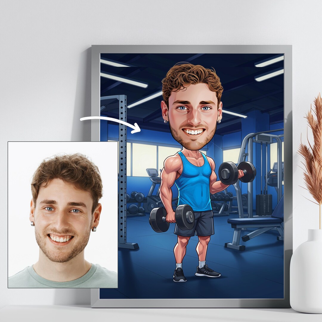Custom Gym Trainer Cartoon Portrait | Personalized Fitness Coach Gift ...