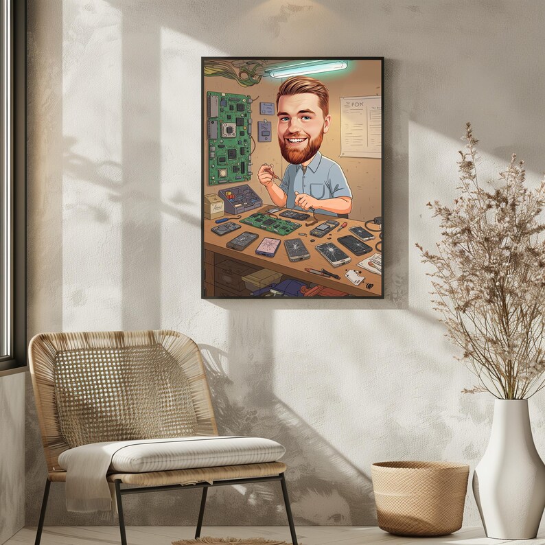 Custom Cartoon Tech Caricature, Funny Digital Phone Repair Art, Unique ...