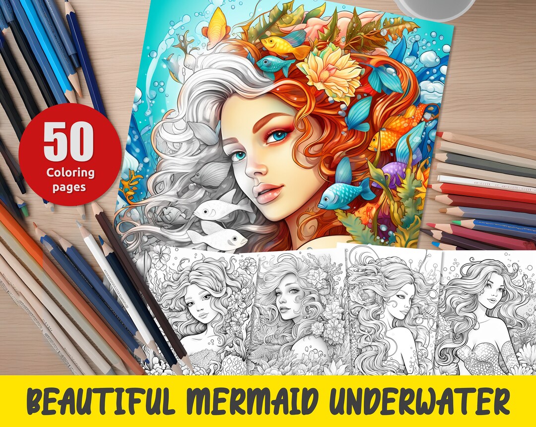 Beautiful Mermaid Underwater Coloring Pages, Cute Mermaid Coloring Book ...