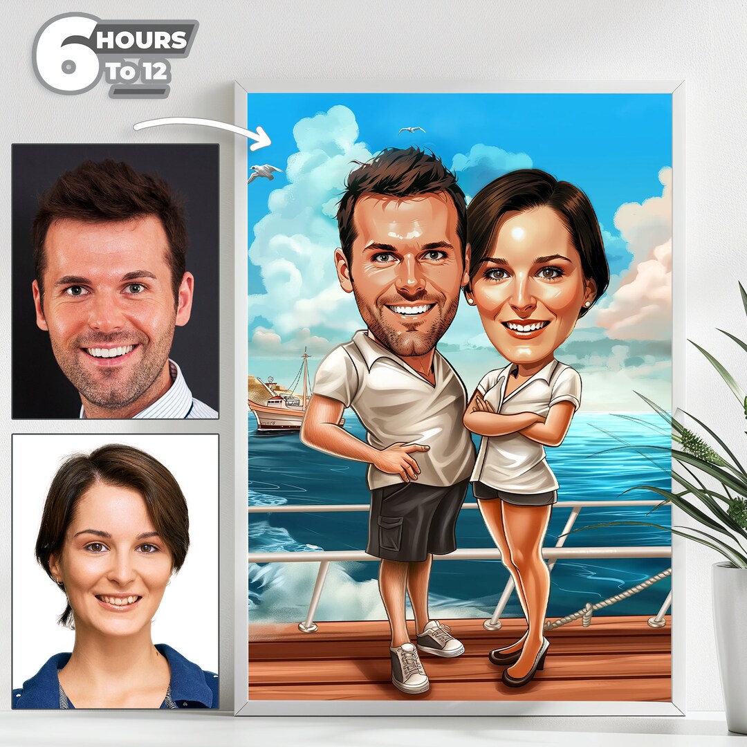 Personalized Couple Vacation Caricature: Custom Digital Portrait for ...