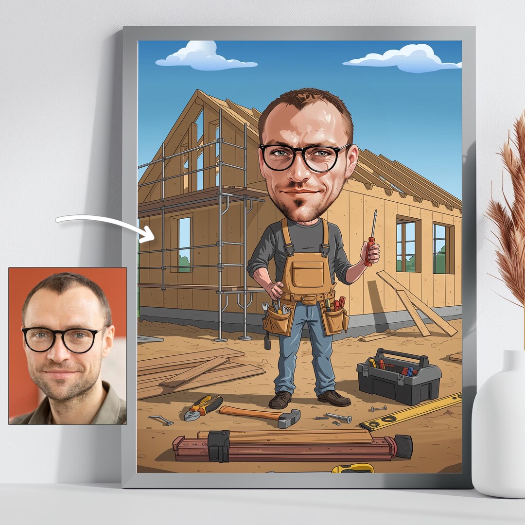 Custom Construction Worker Caricature, Builder Portrait Digital Art ...